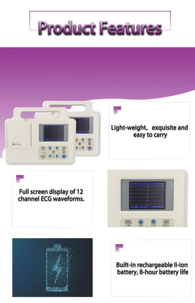 1000Hz Modern Medical ECG Machine 12 Lead Built In Rechargeable Lithium ...
